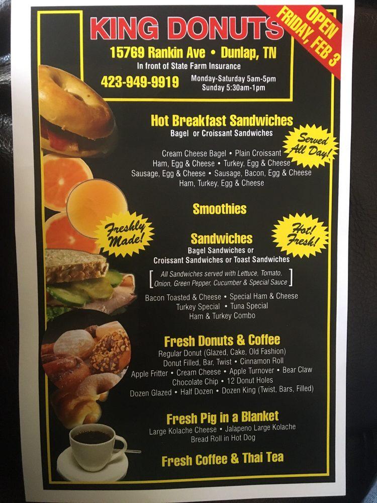 Menu at King Donuts, Dunlap