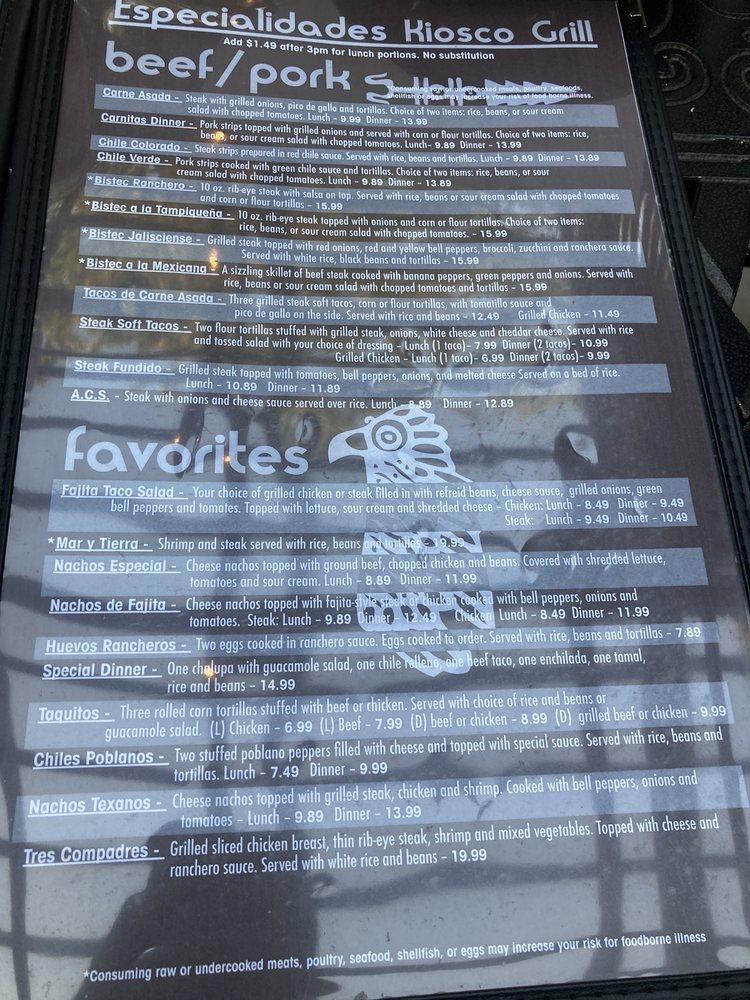 Menu at Kiosco Mexican Grill restaurant, Greensboro