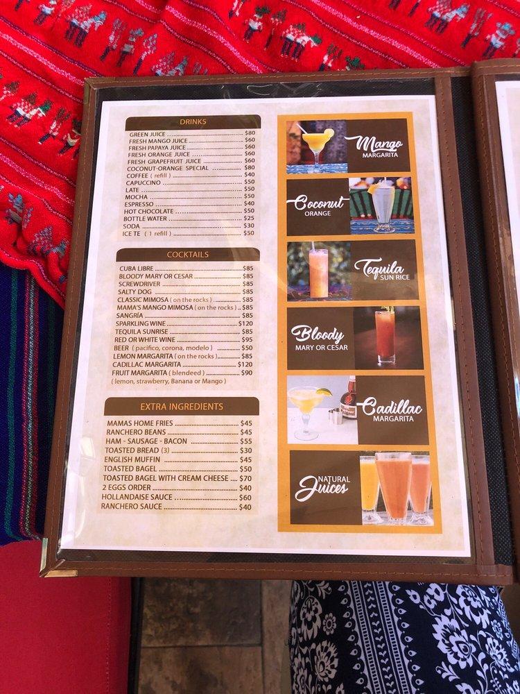 Menu at Mama’s Royal Cafe, Cabo San Lucas