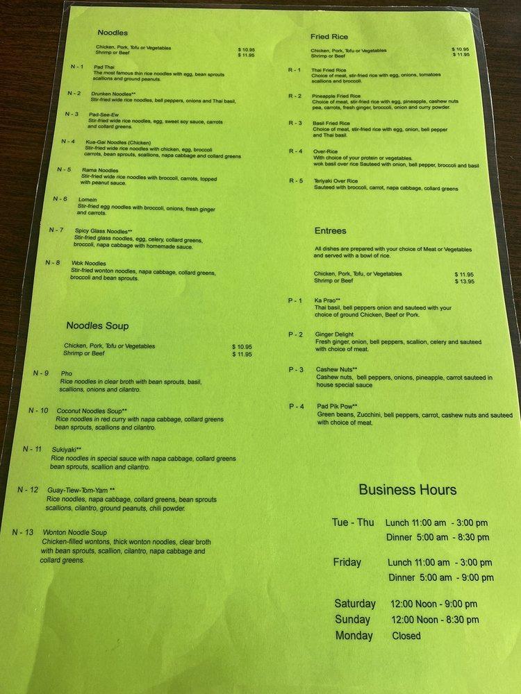 Menu at Thai Cuisine restaurant, Kingsport