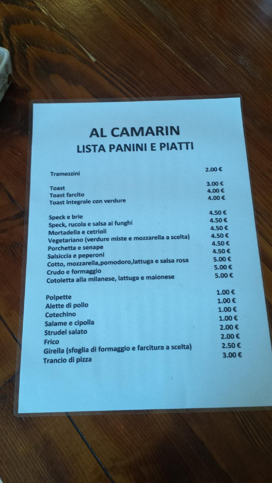 Menu da Al Camarin ristorante, Cividale del Friuli