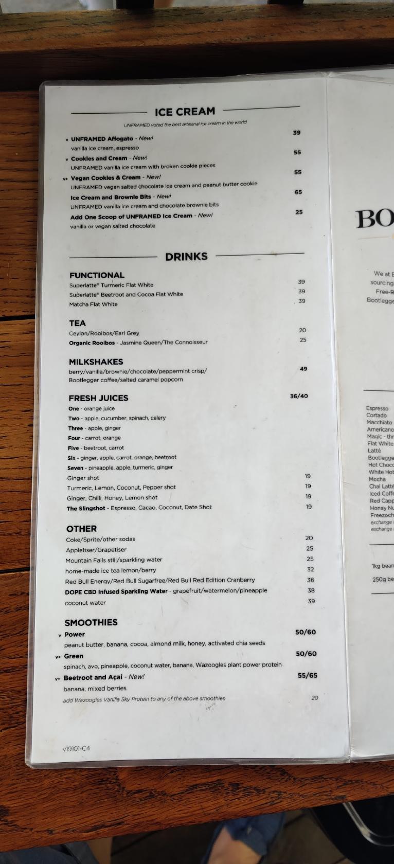 Menu at Bootlegger Coffee Company cafe, Cape Town, 21 Dreyer Street Shop 04