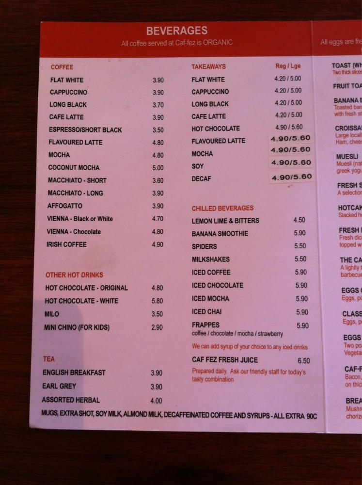 Menu at Caf-fez restaurant, Bunbury
