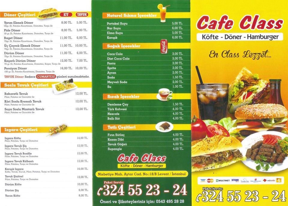 Menu at Class Cafe, Istanbul, Aytar Cd. No:18