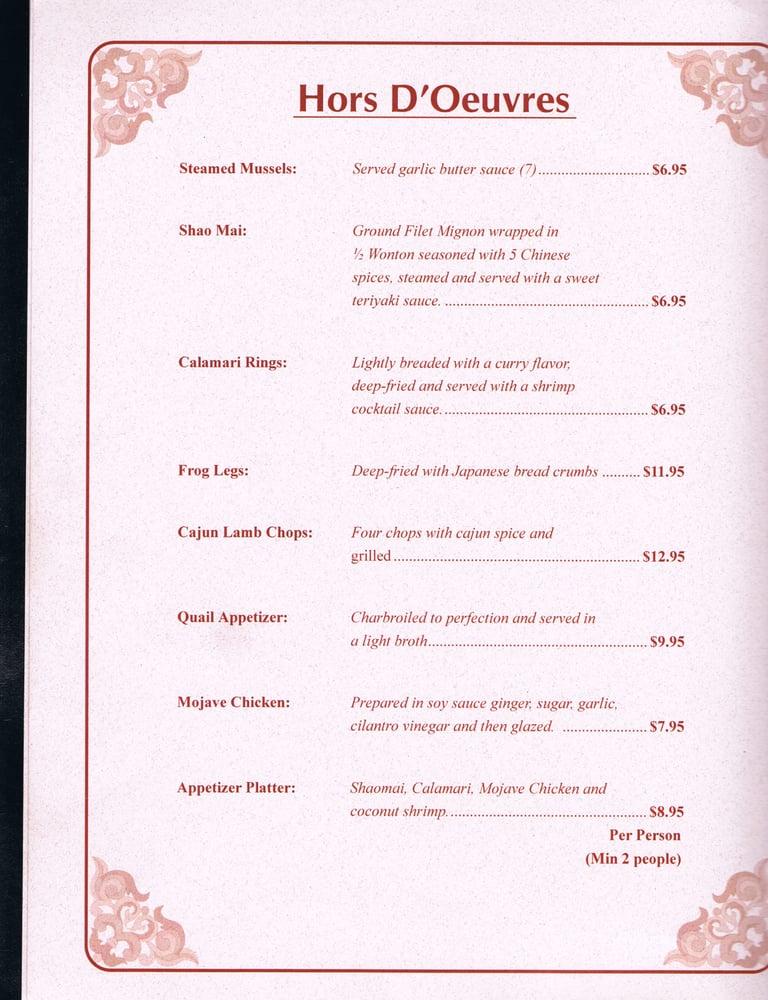 Menu at Chateau Chang steakhouse, Victorville