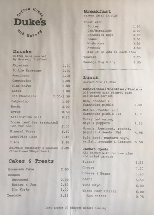 Menu at Dukes cafe, Wolverhampton