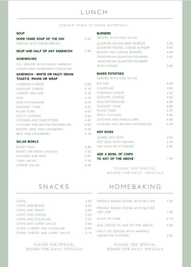 Menu at Ela’s cafe, Glenrothes