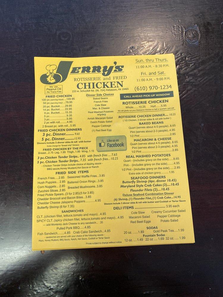 Carta de comida rápida Jerry's Rotisserie and Fried Chicken, Pottstown
