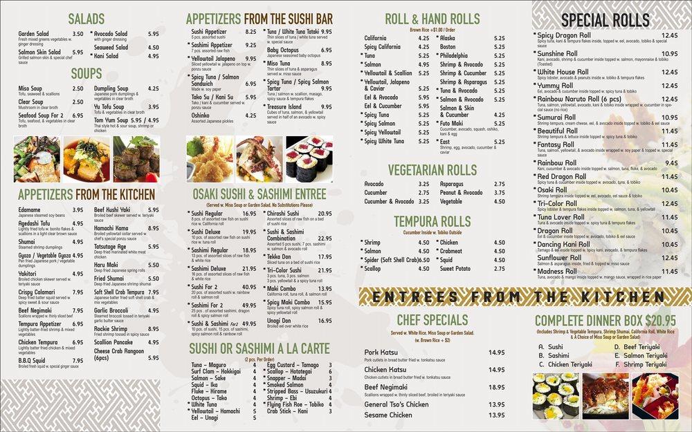 Menu at Osaki restaurant, Erie