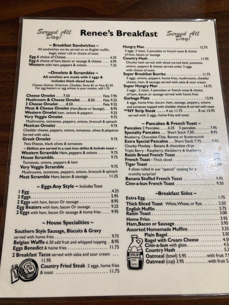 Menu at Renee's Diner cafe, North Adams