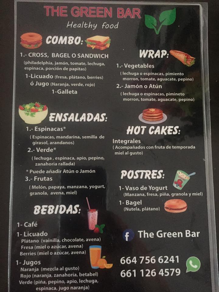 Menu at The green bar healthy food, Rosarito