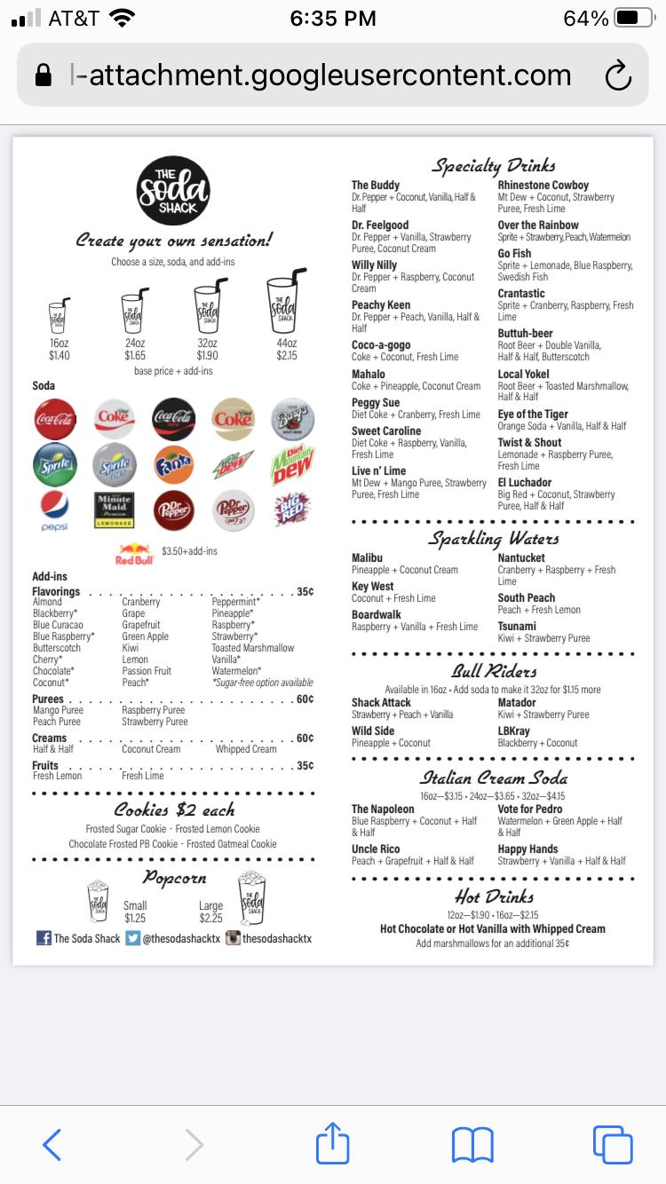 Menu at The Soda Shack restaurant, Lubbock, 82nd St