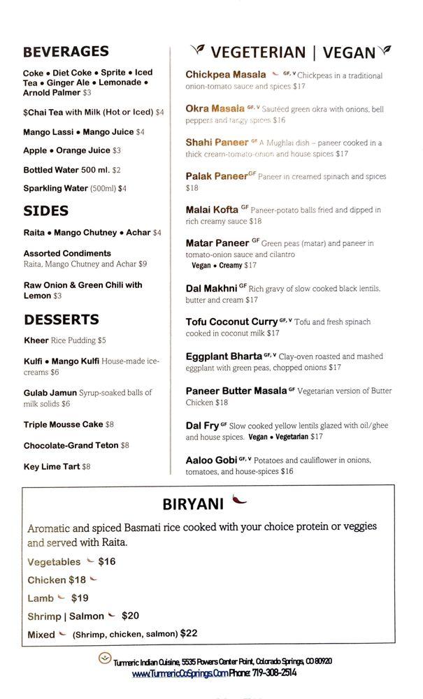 Menu at Turmeric Indian Cuisine at Power Center Point restaurant ...