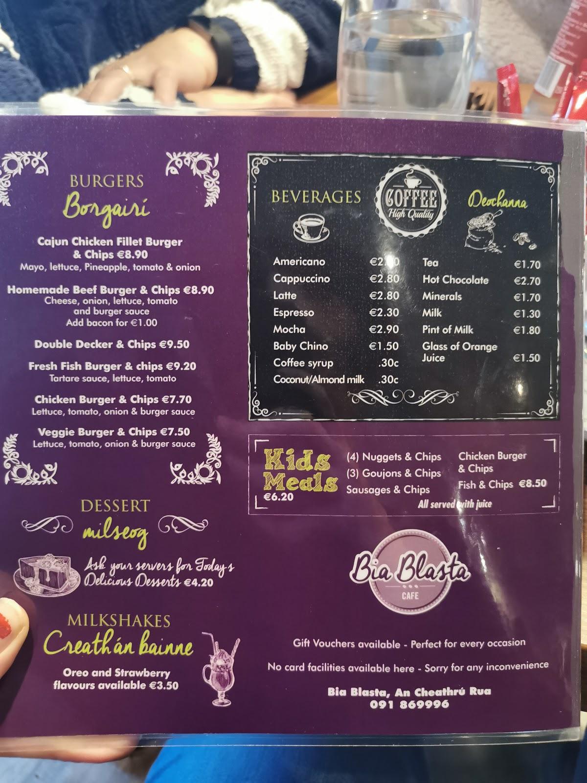Menu at Bia Blasta cafe, Carraroe, Carraroe village