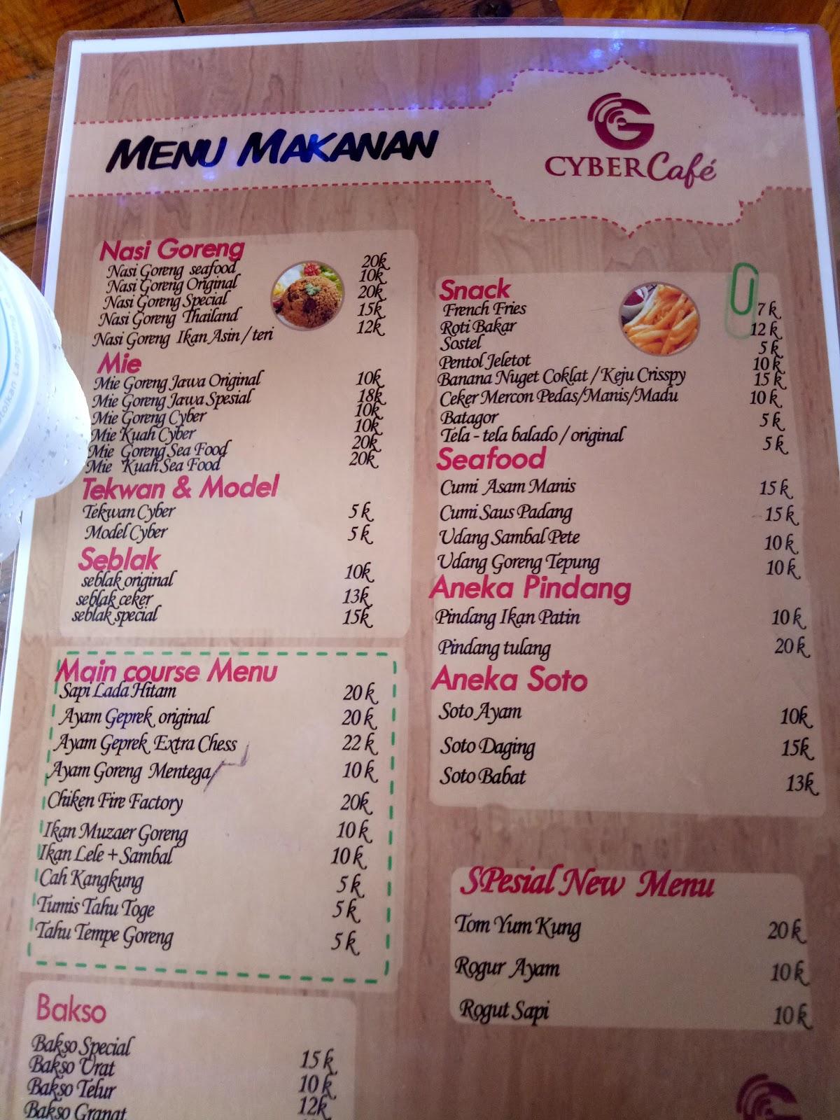 Menu at Cyber Cafe, Palembang, Jl. Kolonel Sulaiman Amin