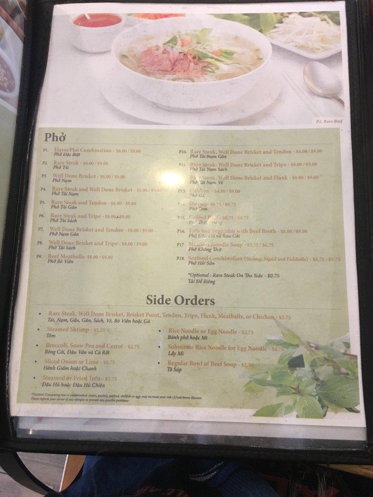 Menu at Flavor Pho restaurant, Cerritos