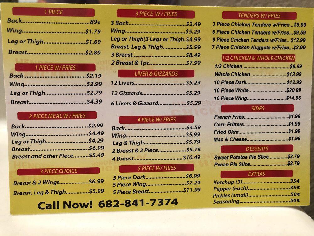 Menu at Henderson Chicken restaurant, Fort Worth