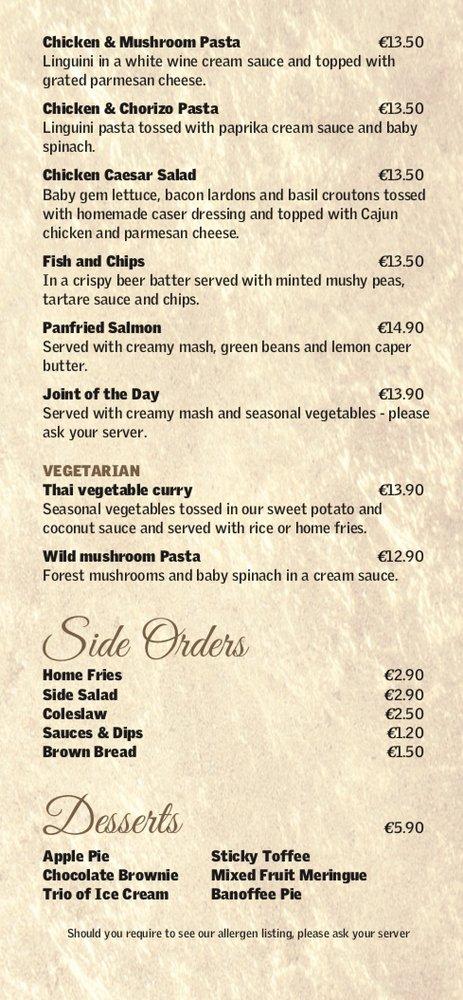 Menu at The Village Inn Finglas pub & bar, Dublin, 33 Church St