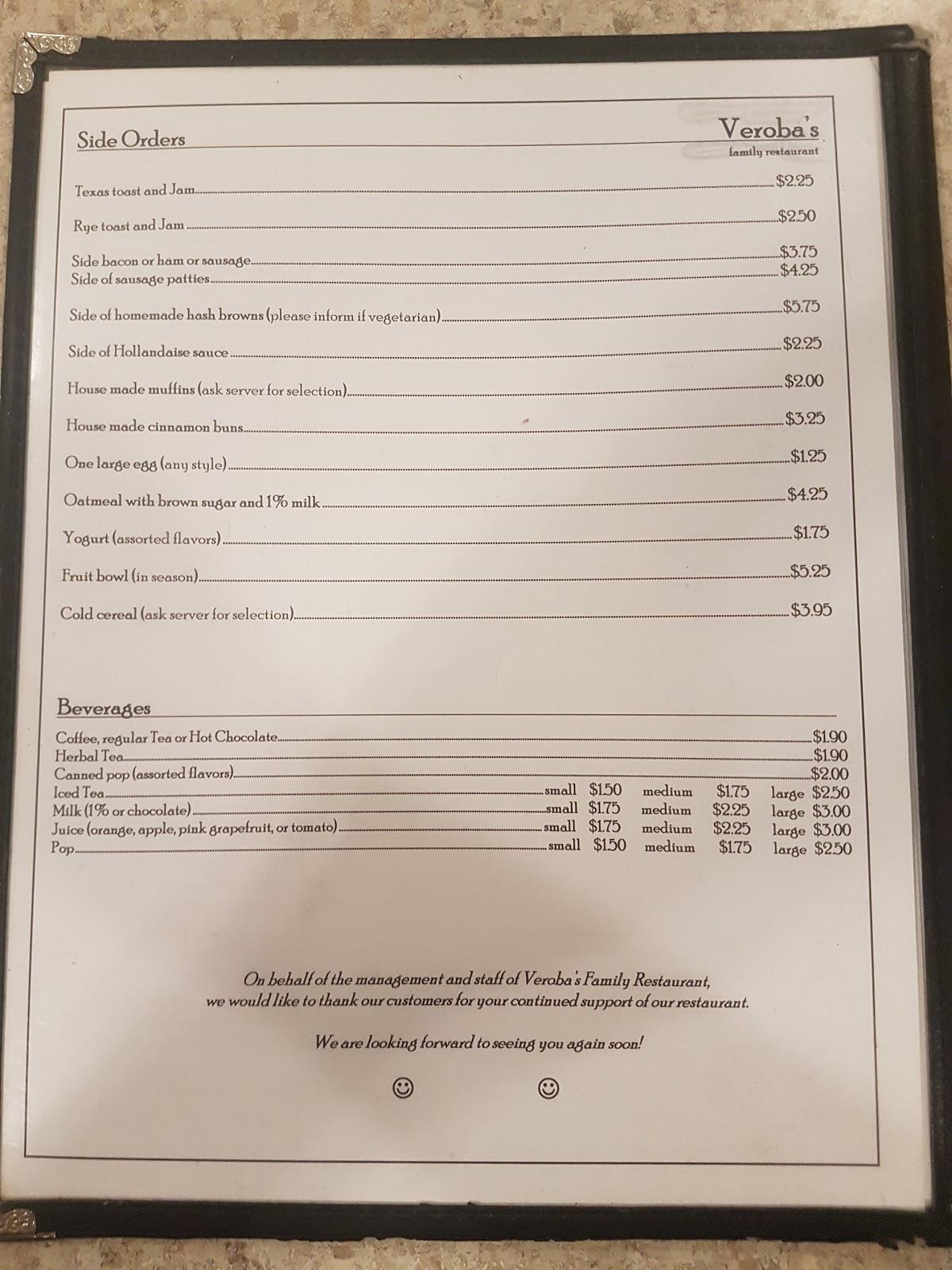 Menu at Veroba's Family Restaurant, Moose Jaw
