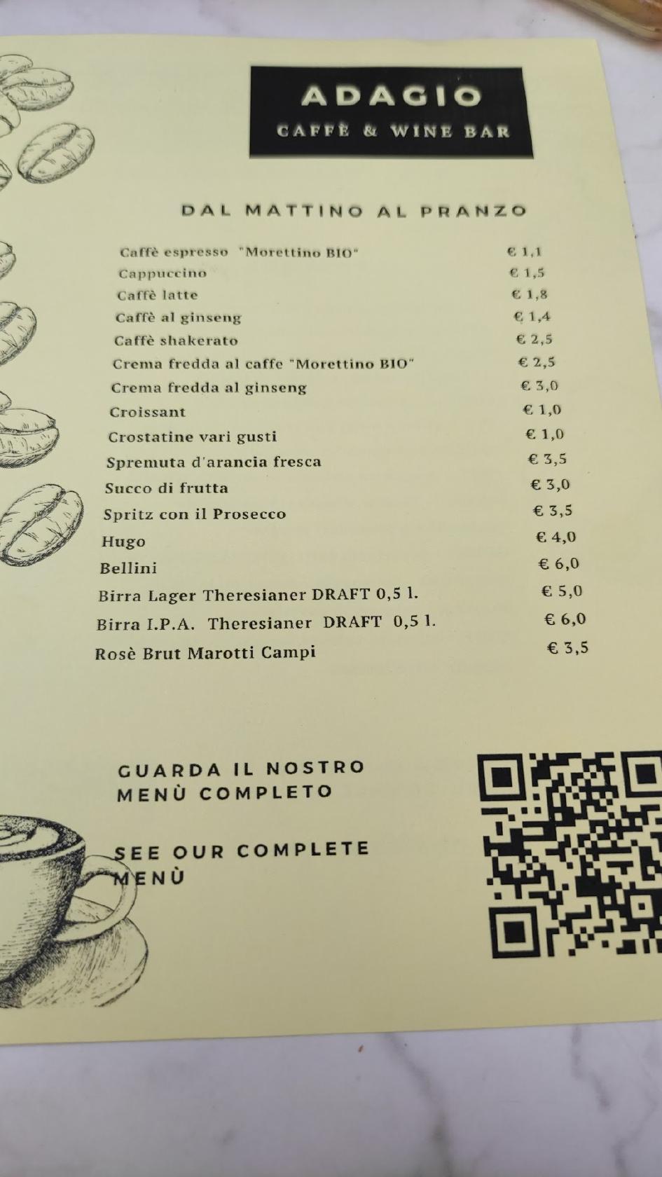 Menu at Adagio pub & bar, Venice