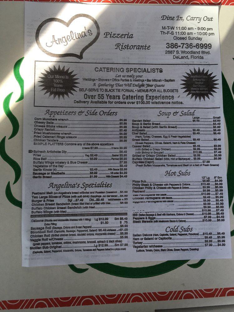 Menu at Angelina's Pizzeria, DeLand