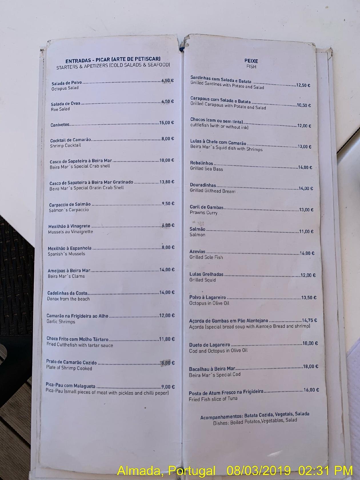 Menu at Beira Mar restaurant, Charneca de Caparica