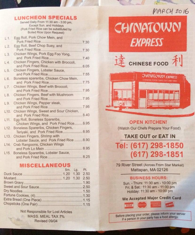 Menu at Chinatown Express restaurant, Boston, 79 River St