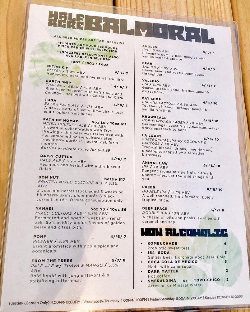 Menu at Half Acre Beer pub & bar, Chicago
