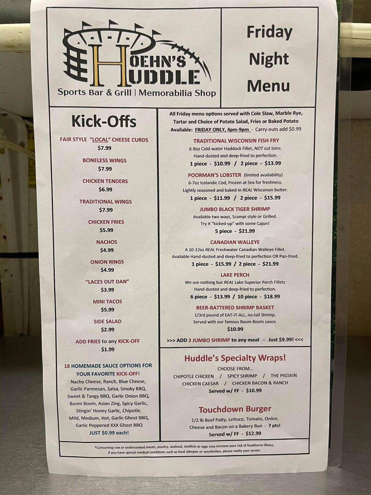Menu at Hoehn’s Huddle Sports Bar & Grill Memorabilia Shop, Schofield