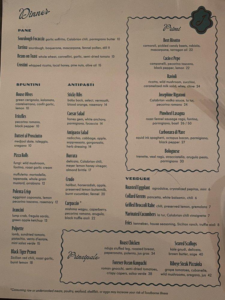 Menu at Josephine restaurant, Jacksonville