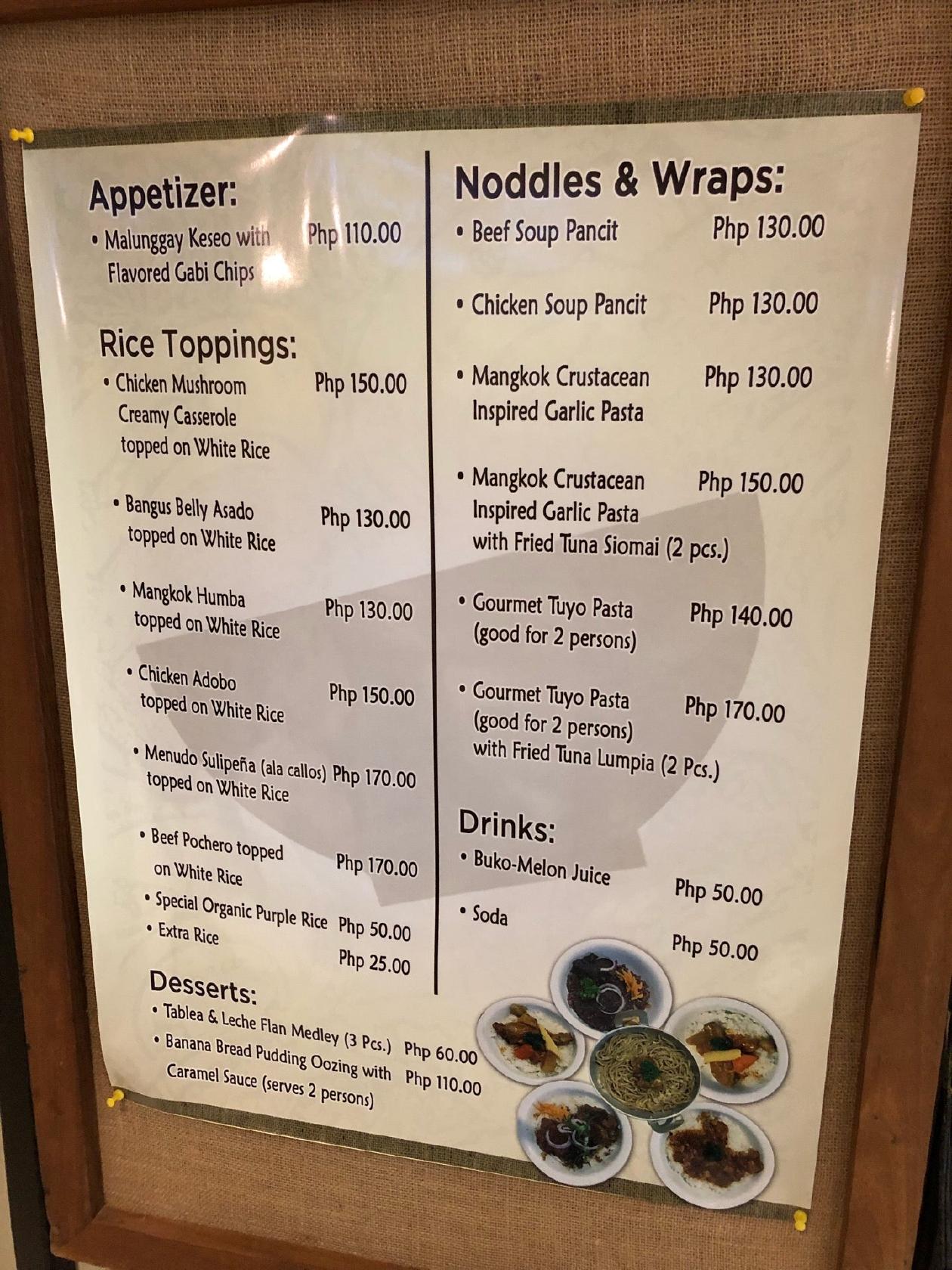 Menu at Mangkok restaurant, Davao City