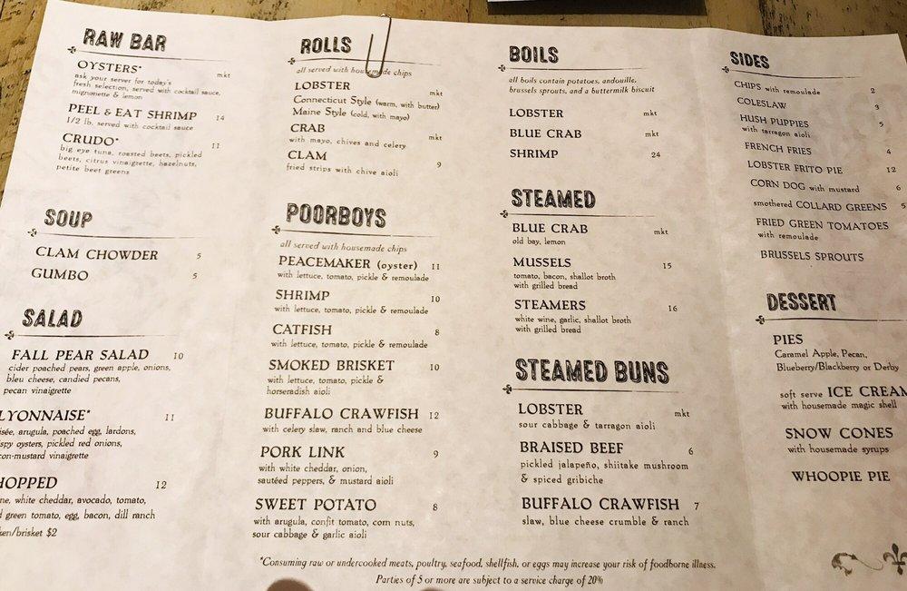 Menu at Peacemaker Lobster & Crab Co. restaurant, Tulsa