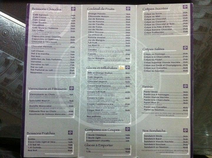 Menu at Riad 21 restaurant, Casablanca, 74 Boulevard Panoramique et