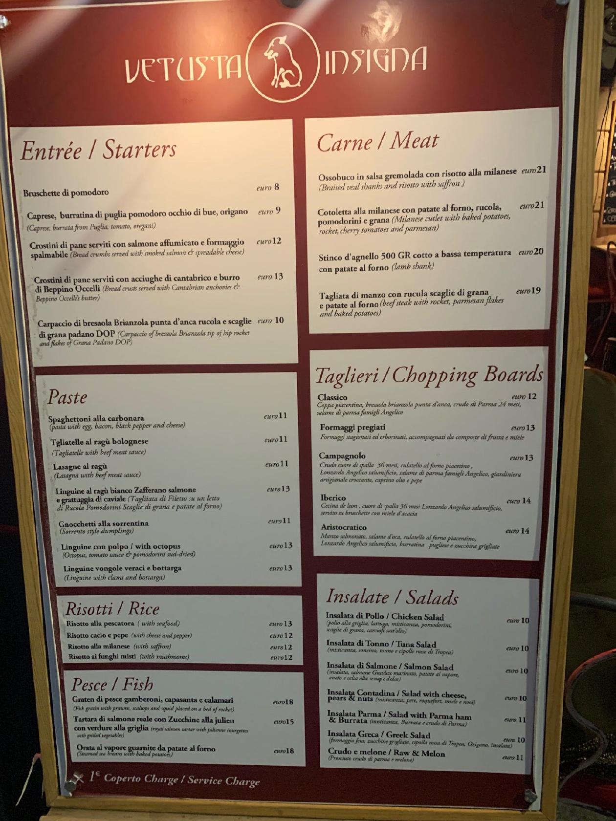 Menu at Vetusta Insigna pub & bar, Milan