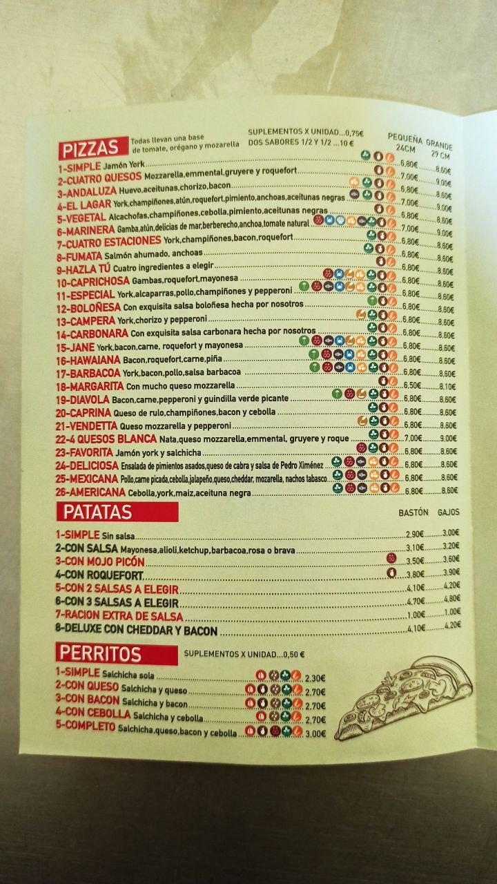 Carta de Pizzería El Lagar, Salteras