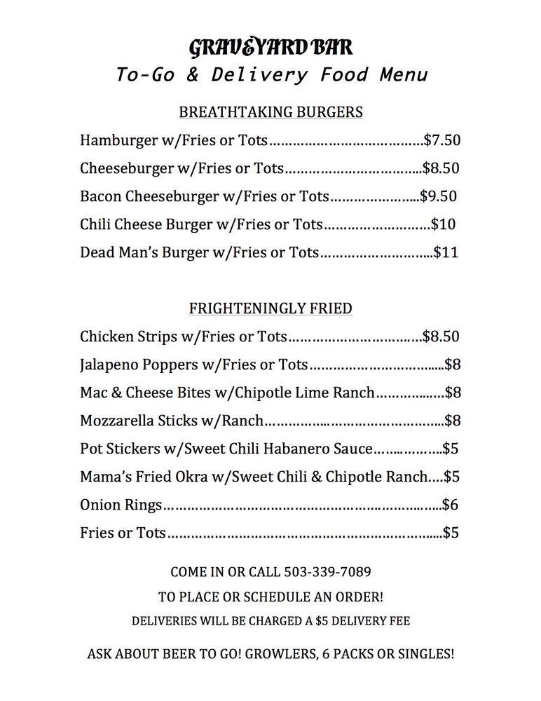 Menu at Graveyard Bar, Salem
