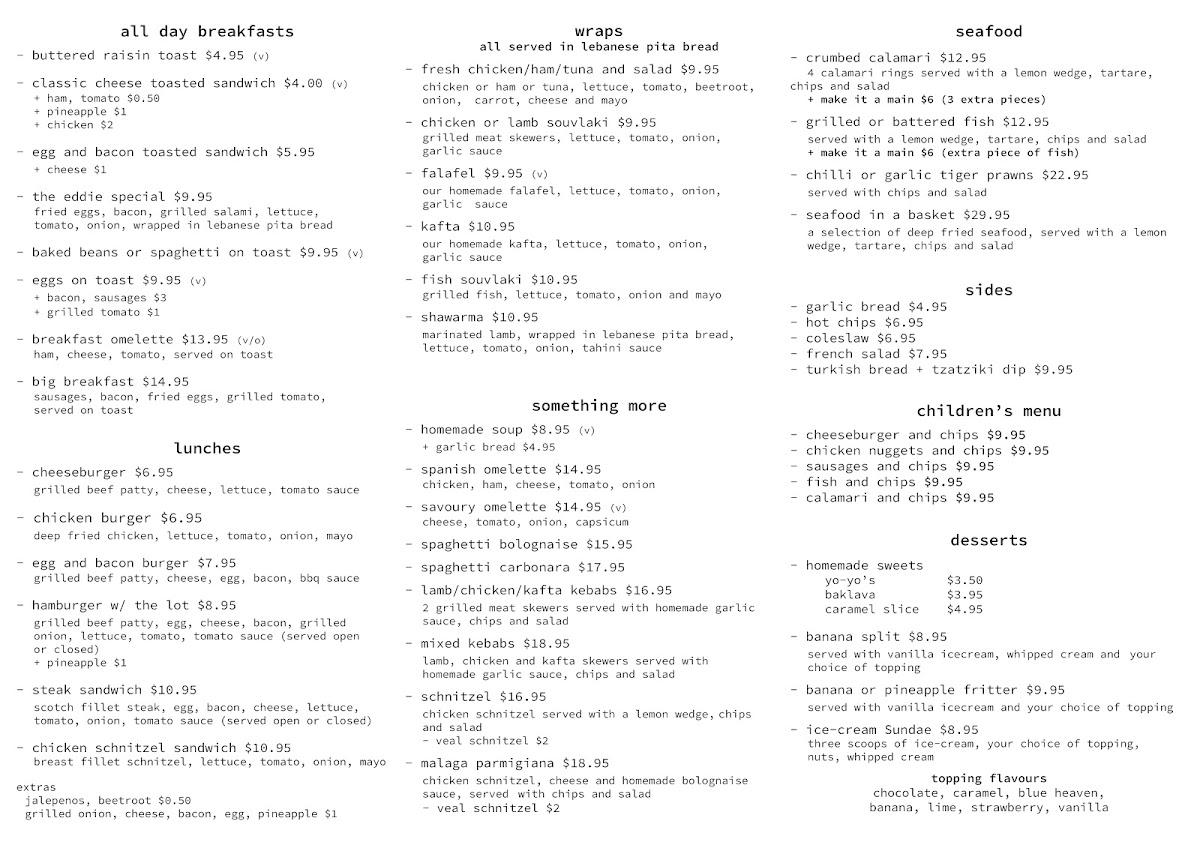 Menu at Malaga Restaurant, Geelong