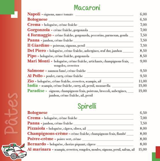Menu at Pizza Taxi, Bastogne