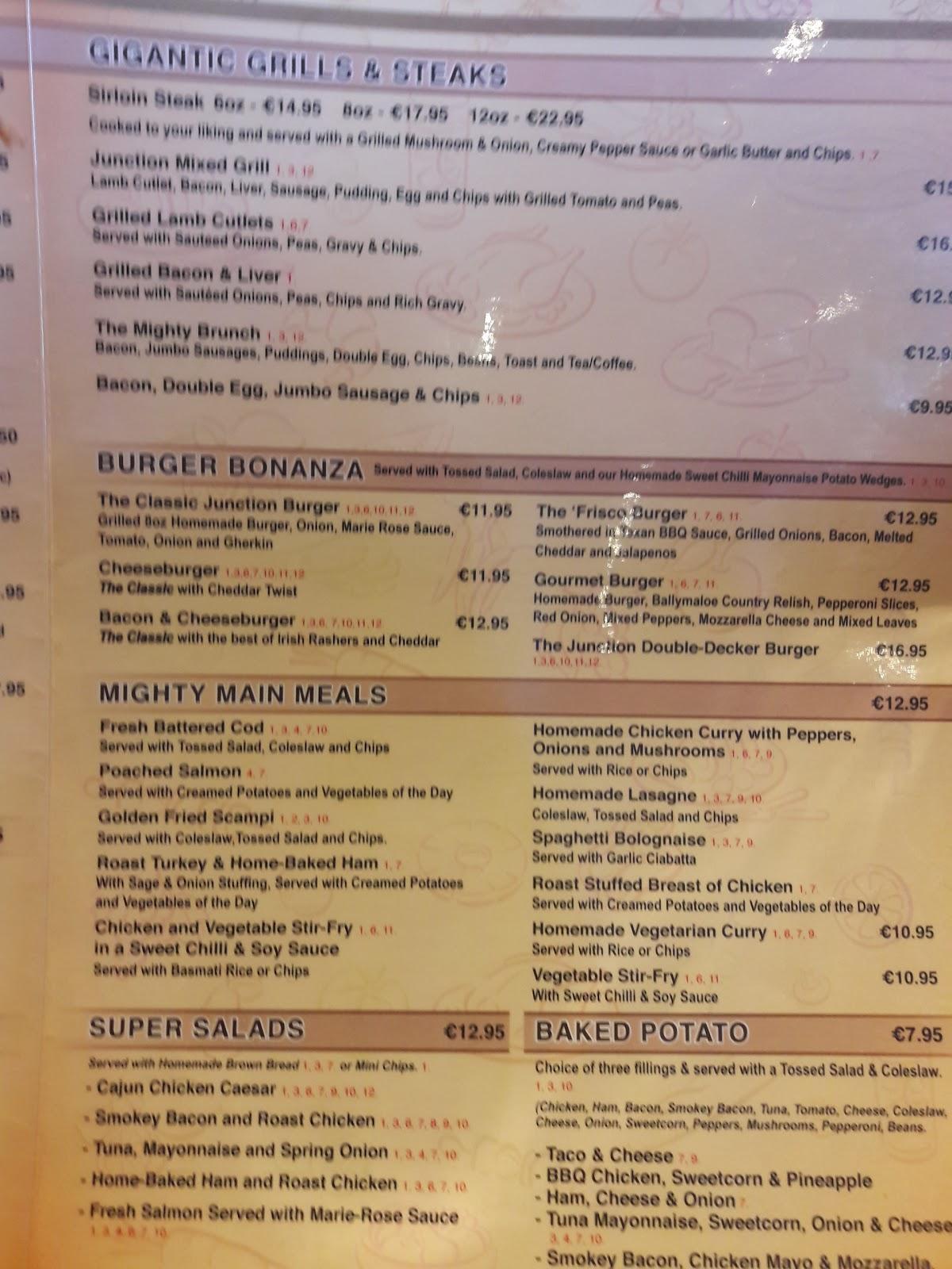 Menu at The Junction restaurant, Ballina