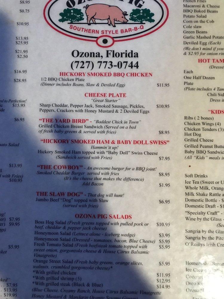 Menu at The Ozona Pig BBQ, Palm Harbor