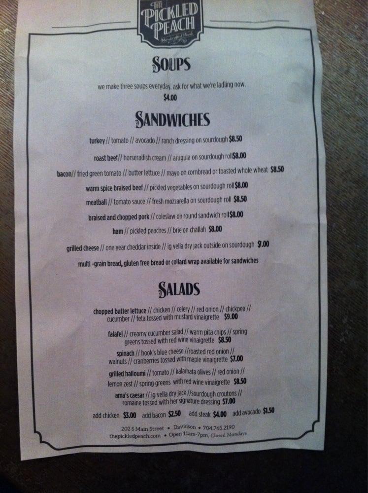 Menu at The Pickled Peach restaurant, Davidson