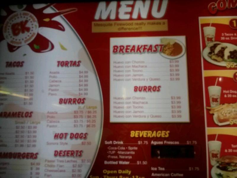 Menu at BK Carne Asada & Hotdogs 12th Ave restaurant, Tucson, S 12th Ave