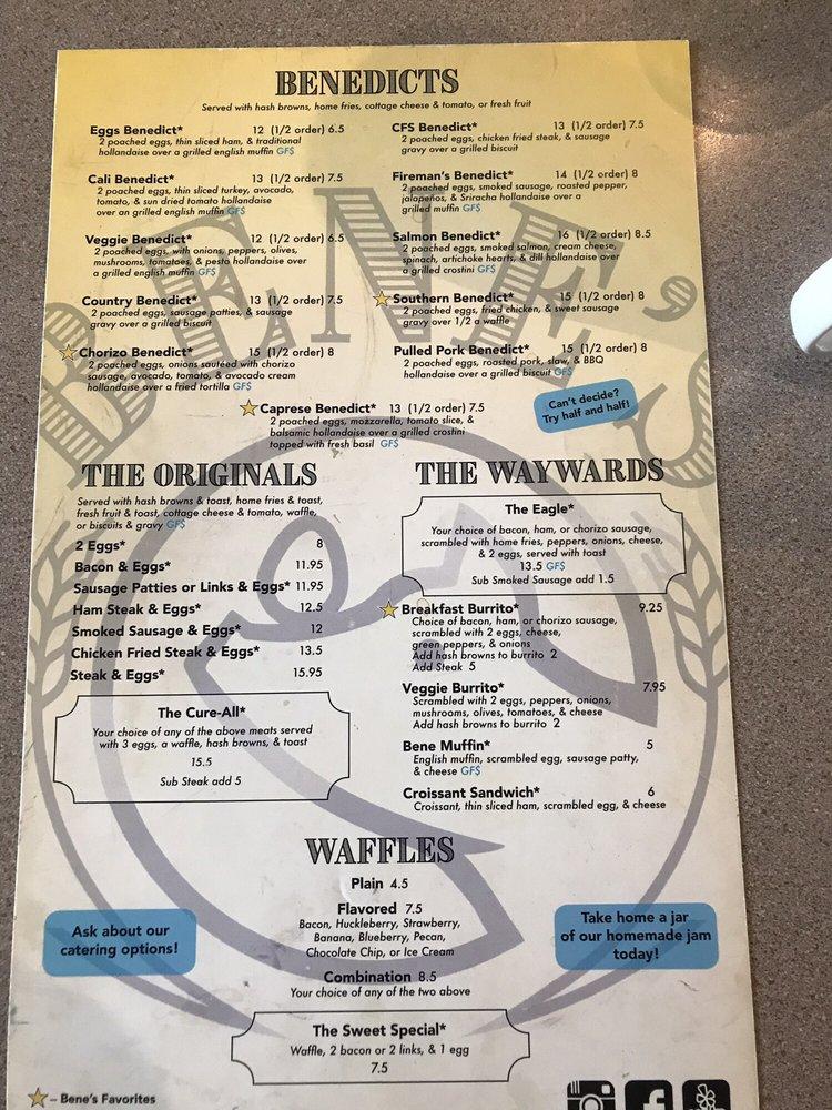 Menu at Bene's restaurant, Cheney