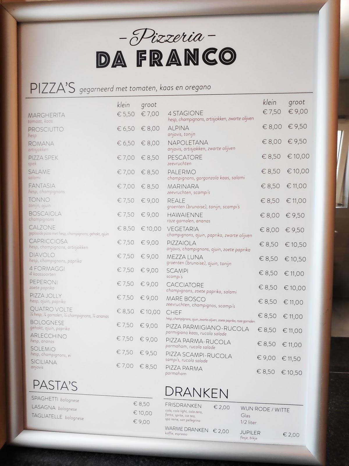 Menu at Da Franco, Peer