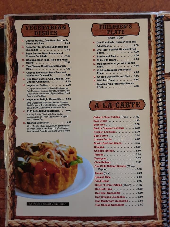 Menu at El Potrillo restaurant, Church Hill