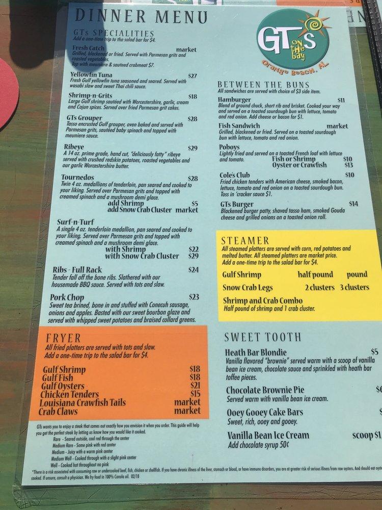 Menu at GTs On The Bay restaurant, Orange Beach