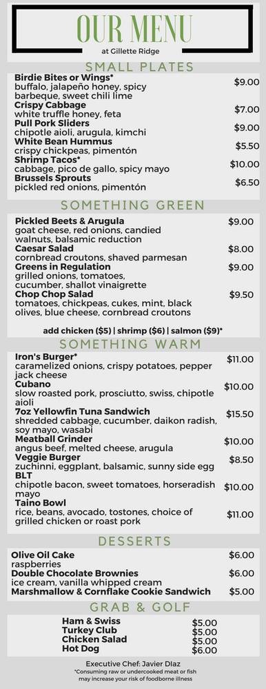 Menu at Gillette Ridge Golf Club, Bloomfield