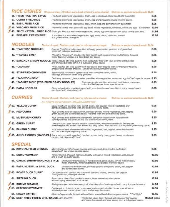 Menu at Krystal Thai restaurant, Crystal Lake