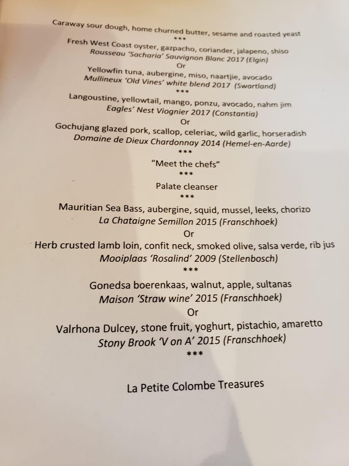 Menu at La Petite Colombe restaurant, Franschhoek