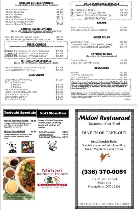 Menu at Midori's Japanese Hibachi restaurant, Greensboro